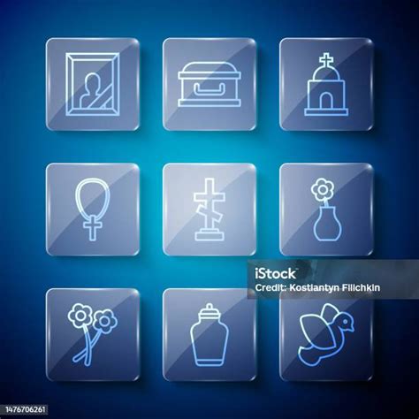 세트 라인 꽃 장례식 항아리 비둘기 오래된 지하실 십자가가 있는 무덤 사슬에 기독교 애도 사진 프레임 및 꽃병 아이콘 벡터 0