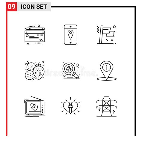 User Interface Pack Of 9 Basic Outlines Of Protect Scan Flag Bug Fruit Stock Vector