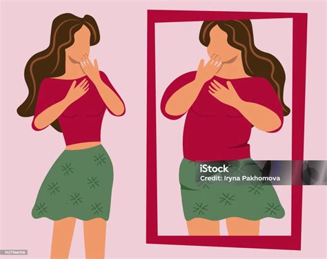 거울을보고 뚱뚱한 여성의 몸을 긍정적으로 보는 슬림 한 여성 가냘픈에 대한 스톡 벡터 아트 및 기타 이미지 가냘픈 거울 건강관리와 의술 Istock