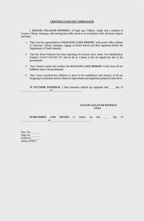 Certification Of Under Oath Sample