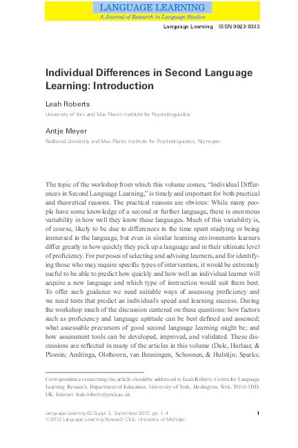Pdf Individual Differences In Second Language Learning Second Language Acquisition Series