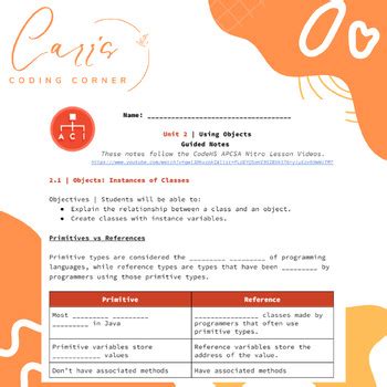 Ap Computer Science A Unit Using Objects Guided Notes By Carr S Coding Corner