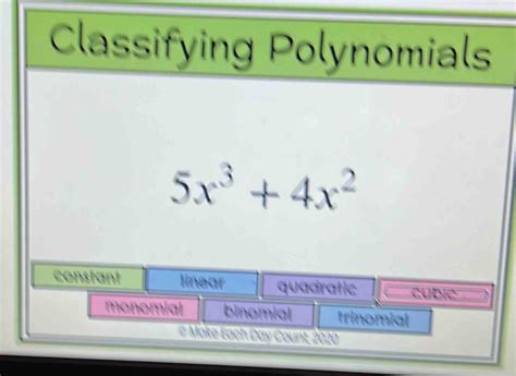 Solved Classifying Polynomials 5x 3 4x 2 Constant Linear Quadratic Cubic Monomial Binomial
