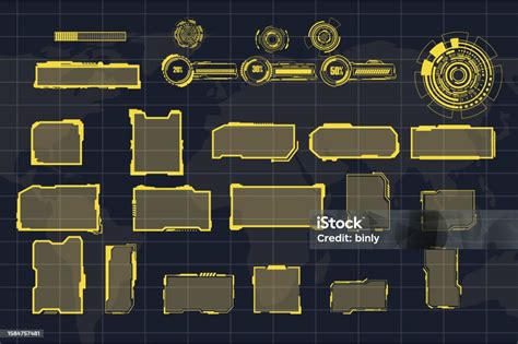 디지털 인터페이스 Hud 요소 세트 팩 사용자 인터페이스 프레임 화면 설명선 제목 Fui 서클 세트 로딩 바 대시보드 현실 기술 화면 벡터 0명에 대한 스톡 벡터 아트 및