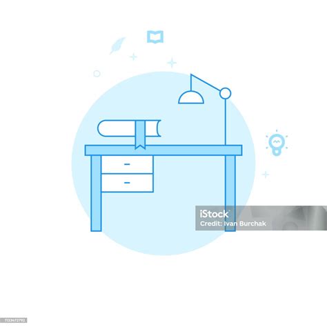 작가의 책상 직장 평면 벡터 일러스트 아이콘입니다 밝은 파란색 단색 디자인입니다 편집 가능한 스트로크 교육에 대한 스톡 벡터