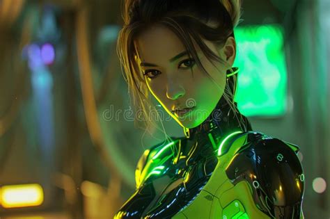 Striking Digital Portrait Of A Woman With Cybernetic Enhancements In A Neonlit Environment Stock