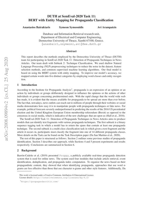 Duth At Semeval 2020 Task 11 Bert With Entity Mapping For Propaganda