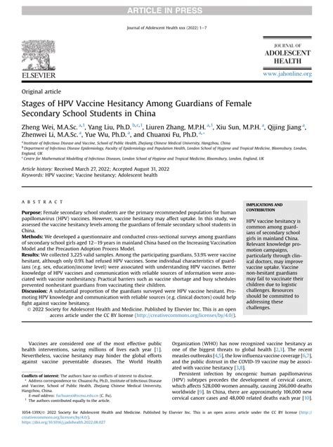 Pdf Stages Of Hpv Vaccine Hesitancy Among Guardians Of Female