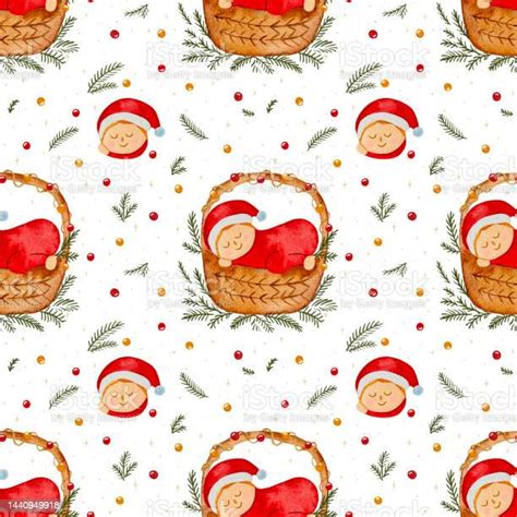 빨간 의상을 입은 수채화 아기 산타는 크리스마스 휴일 섬유 디자인 반복 배경을 위한 매끄러운 패턴입니다 귀여운 만화 신생아는 전나무 가지 그림을 그리는 손으로 장식된