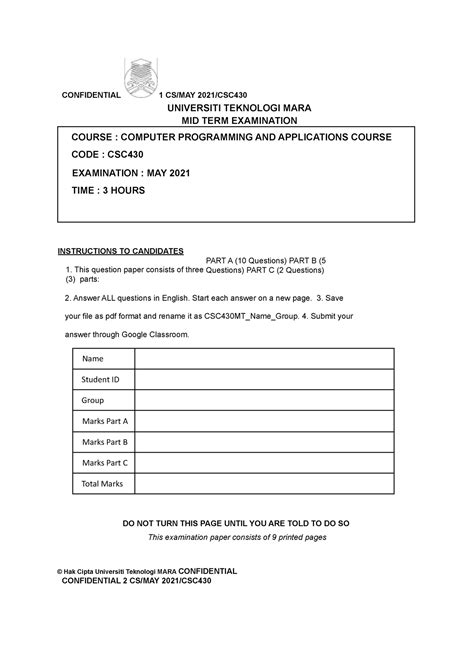 Midterm Csc430 Question Paper Confidential 1 Csmay 2021csc Universiti Teknologi Mara Mid