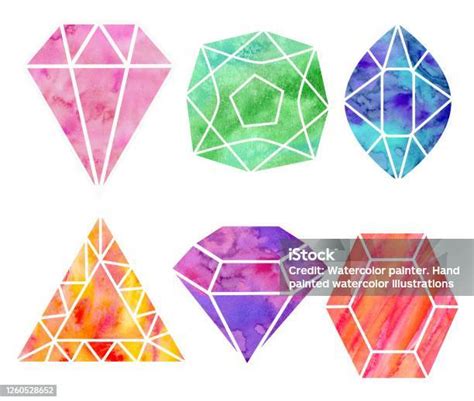 흰색 배경에 고립 된 밝은 컬러 풀 수채화 다이아몬드 손 페인팅 보석과 크리스탈 일러스트 개체 그룹에 대한 스톡 벡터 아트 및 기타 이미지 Istock