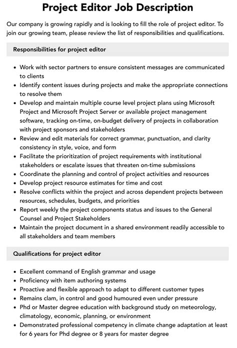 Project Editor Job Description Velvet Jobs