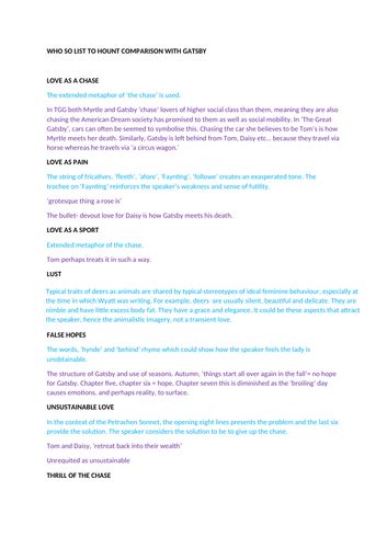 A Notes Comparing Gatsby And The Poetry Anthology Teaching Resources