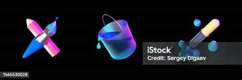 연필 페인트 캔 및 그래픽 디자인 개발 3d 렌더링을 주제로 한 검은색 배경 그림에 설정된 색상 선택기 아이콘 3차원 형태에 대한 스톡 사진 및 기타 이미지 Istock