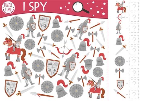 기사 갑옷을 입은 아이들을 위한 동화 판타지 I 스파이 게임 헬멧 말 자루로 검색 및 계산 활동 Magic Kingdom 인쇄 가능한 워크시트 간단한 동화 스포팅 퍼즐xa