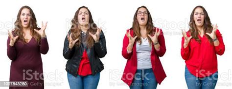 격리 된 배경 미친 고 미친 소리와 적극적인 식와 팔 제기 함 크기 비즈니스 우먼 플러스 아름 다운 콜라주 좌절 개념입니다 갈색 머리에 대한 스톡 사진 및 기타 이미지
