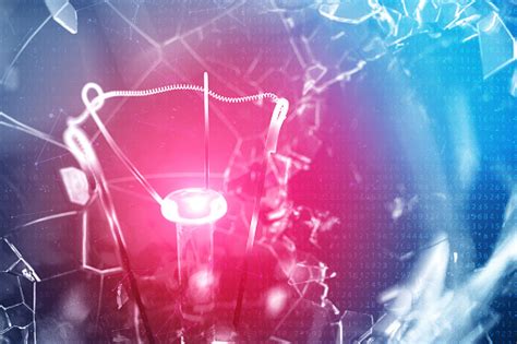 3d 일러스트 개념 창조적 인 사고와 혁신적인 솔루션 파란색 배경에 전구를 폭발 중앙 개념 바이러스에 빨간 빛 이진 코드 3차원 형태에 대한 스톡 사진 및 기타 이미지