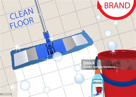 걸레 청소 깨끗한 타일 바닥 반짝 바닥과 양동이를 세척하기위한 소독 제 청소기 벡터 가사 집안일에 대한 스톡 벡터 아트 및 기타