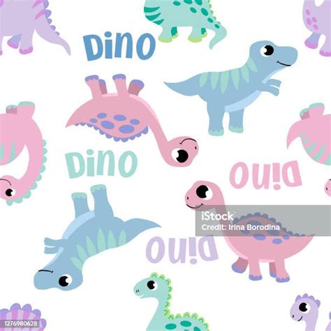 귀여운 분홍색 파란색 녹색 공룡과 단어의 이미지와 흰색 배경에 원활한 패턴 디노 어린이 의류 노트북 커버 섬유용 프린트 디자인용 가공의 인물에 대한 스톡 벡터 아트 및 기타