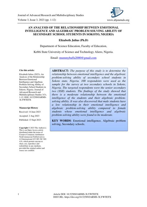 Pdf An Analysis Of The Relationship Between Emotional Intelligence And Algebraic Problem