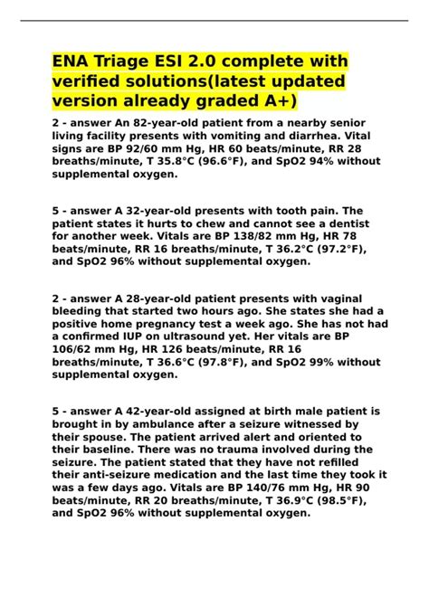 Ena Triage Esi 20 Complete With Verified Solutionslatest Updated Version Already Graded A