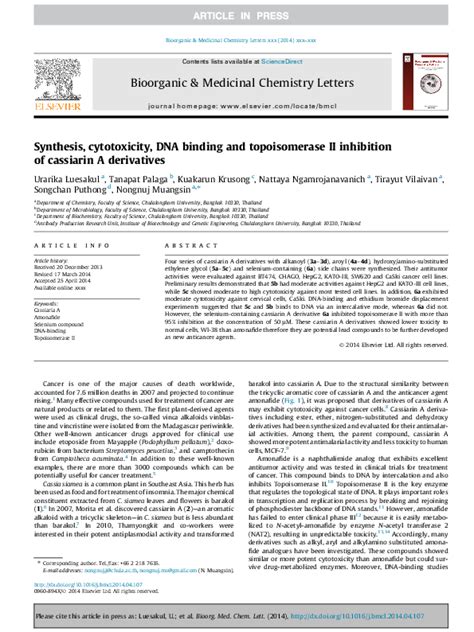 Pdf Synthesis Cytotoxicity Dna Binding And Topoisomerase Ii Inhibition Of Cassiarin A