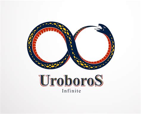 자신의 이야기를 먹는 뱀 무한대 상징 모양의 Uroboros 뱀 삶과 죽음의 끝없는 순환 Ouroboros 고대 상징 벡터 일러스트레이션 로고 엠블럼 또는 문신