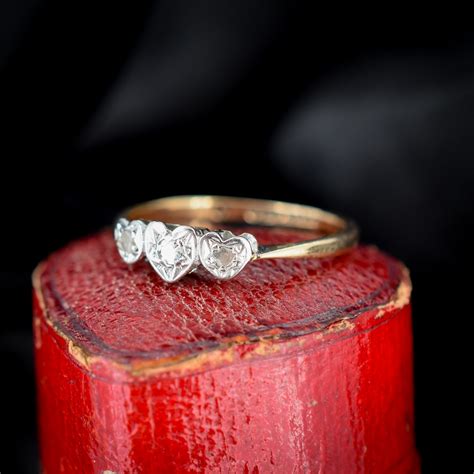 Vintage Diamond Heart Three Stone Trilogy Gold And Palladium Ring