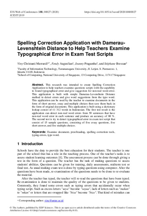 Pdf Spelling Correction Application With Damerau Levenshtein Distance To Help Teachers Examine