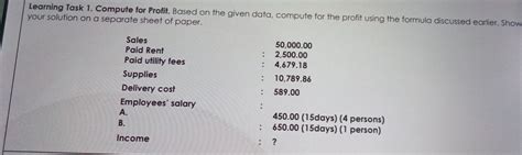 Solved Learning Task 1 Compute For Profit Based On The Given Data