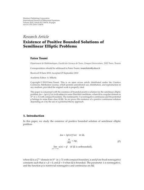 Pdf Existence Of Positive Bounded Solutions Of Semilinear Elliptic