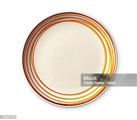 오렌지 패턴 지 수채화 스타일 나선형 무늬와 세라믹 접시와 빈 접시 위에서 보기 클리핑 경로와 흰색 배경에 고립 0명에 대한 스톡 사진 및 기타 이미지 Istock