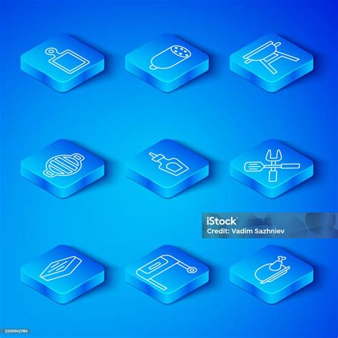 세트 라인 스테이크 고기 소스 병 바베큐 그릴 교차 포크와 주걱 도마 및 구운 칠면조 치킨 아이콘 벡터 3차원 형태에 대한 스톡 벡터 아트 및 기타 이미지 Istock