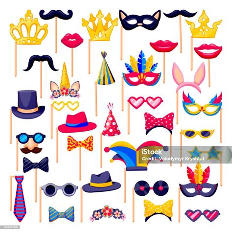파티 사진 부스 세트입니다 벡터 평면 만화 아이콘입니다 의상 생일 또는 결혼식 장식 소품의 컬렉션입니다 왕관에 대한 스톡 벡터 아트 및 기타 이미지 Istock
