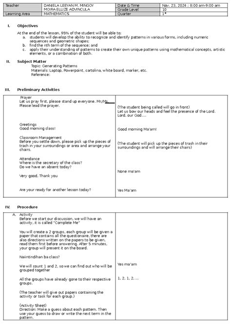 Mathematics Lesson Plan Generating Patterns Grade 10 1st Quarter