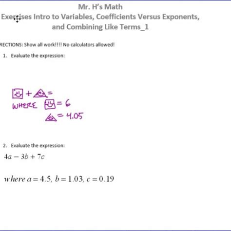 exercises intro to variables coefficients versus exponents and