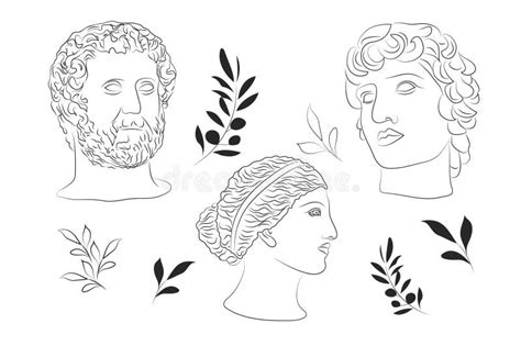 Set Of Portraits Illustrations With Antique Plaster Head One Line