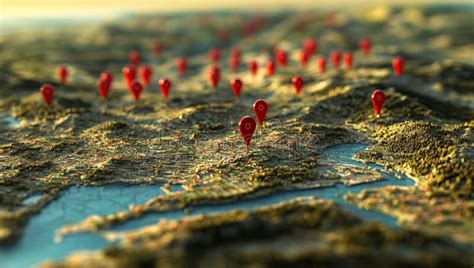 a three dimensional map featuring red location markers and network