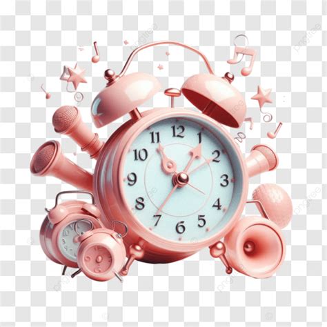 창의적인 시간 관리 및 컨셉 디자인을 위해 주변에 다양한 악기가 있는 분홍색 알람 시계 핑크 알람 시계 악기 알람 시계 Png 일러스트 및 이미지 에 대한 무료