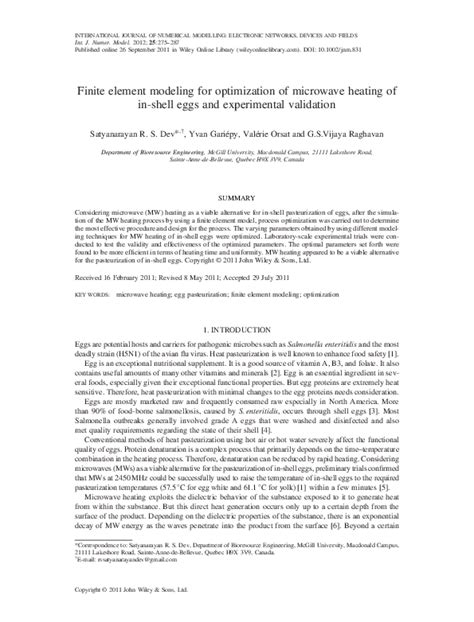 Pdf Finite Element Modeling For Optimization Of Microwave Heating Of In Shell Eggs And