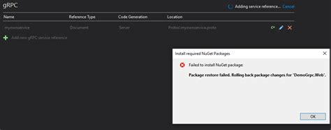how to resolve the issue “failed to install nuget package” when adding a new grpc service