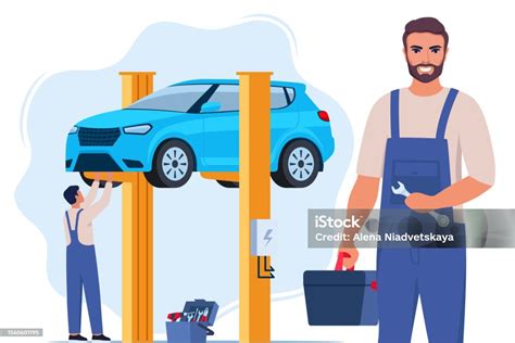 자동차 수리 자동차 근처의 자동차 정비사가 자동 리프트로 들어 올렸습니다 자동차 서비스 및 수리 진단 자동 서비스 벡터 그림입니다 기계공에 대한 스톡 벡터 아트 및 기타