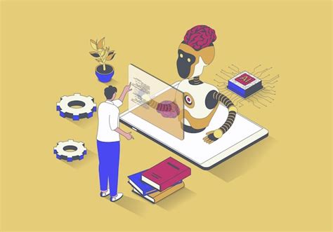 3d 아이소메트릭 디자인의 인공 지능 개념 디지털 뇌를 사용하는 사람 기계 학습 및 로봇 사고 과정 웹 그래픽을 위한 아이소