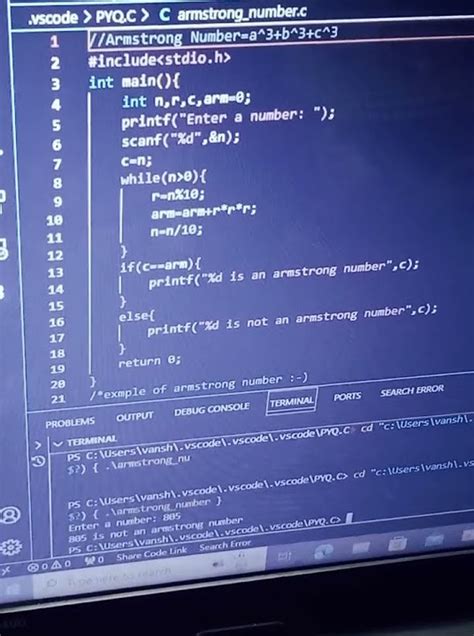 check armstrong number in c shortsfeed codecoding aktu pyq clanguage vscode code youtube