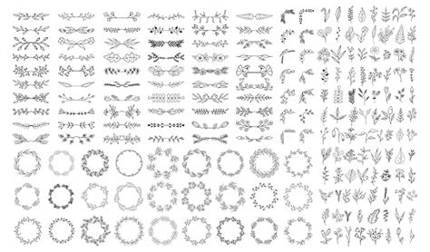 빈티지 핸드의 슈퍼 큰 컬렉션 분기 꽃 꽃 디바이 더 식물 테두리 그려 벡터 요소 격리 결혼식 초대 카드에 대 한 번 창 로렐
