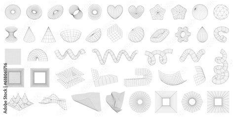 Set Of Wireframe 3d Geometric Shapes Wire Frame Abstract Figures