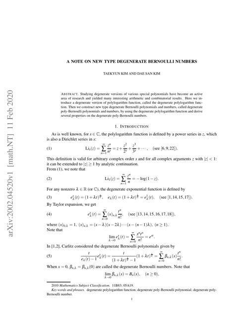 Pdf A Note On New Type Degenerate Bernoulli Numbers