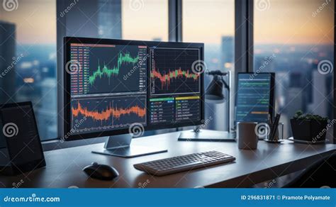 A Modern Office Desk With Computer Monitor And Chart Data Analysis Trading Stocks Online Stock