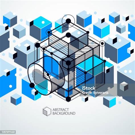 선 및 모양 추상 벡터 등색 3d 파란색 배경입니다 엔진 또는 엔지니어링 메커니즘의 추상적 구성표입니다 큐브 육각형 사각형 사각형 및 다른 추상 요소의 레이아웃 0명에 대한
