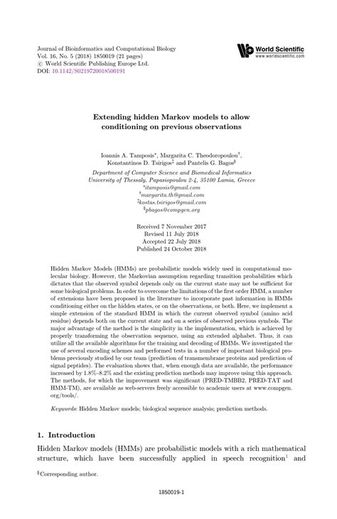 Pdf Extending Hidden Markov Models To Allow Conditioning On Previous Observations